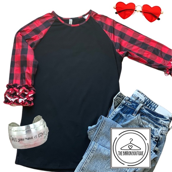 Tops | New Buffalo Plaid Ruffled 34 Sleeves Top | Poshmark
